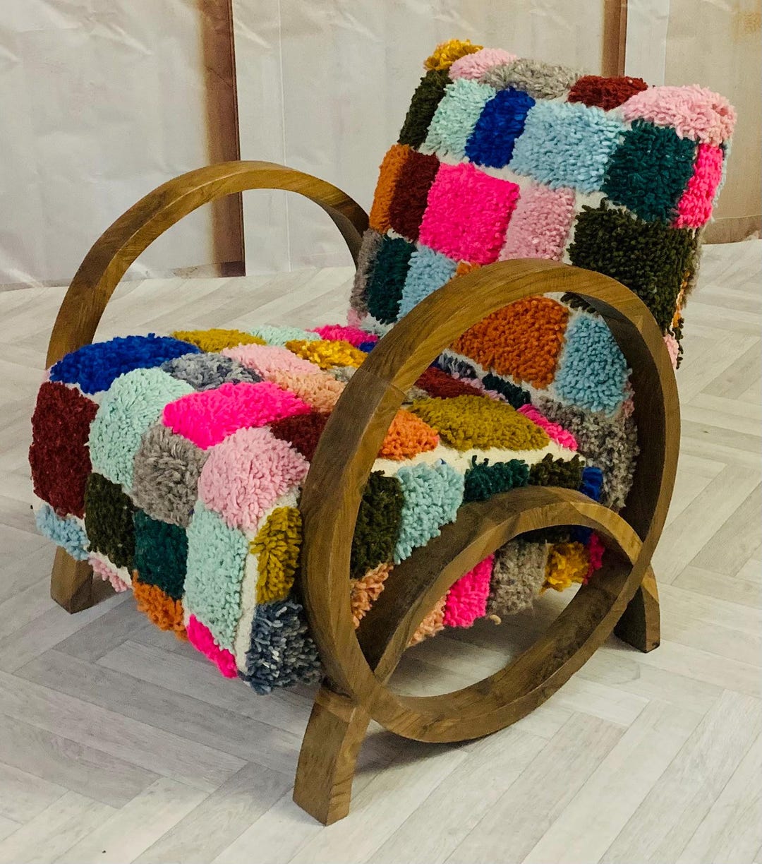 Handmade Moroccan Multicolored Wool Chair - Cozy Boho Accent Chair With ...