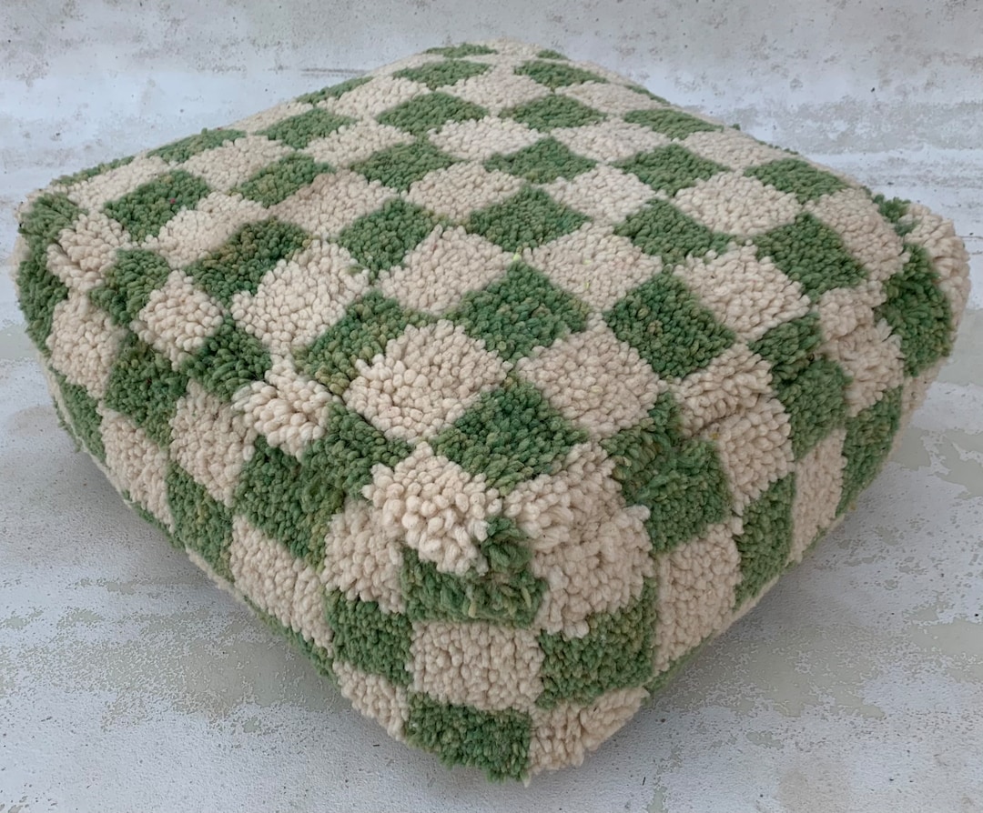 Moroccan Hand Knotted Checker Wool Pouf, Berber Natural Ottoman Pouf ...