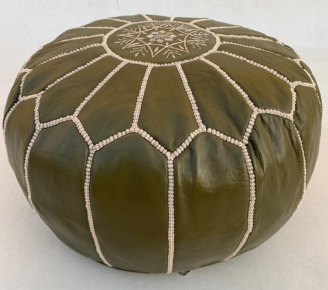 Green Olive Pouf, Moroccan Pouf, Leather Pouf, Pouf Cover, Ottoman Pouf ...