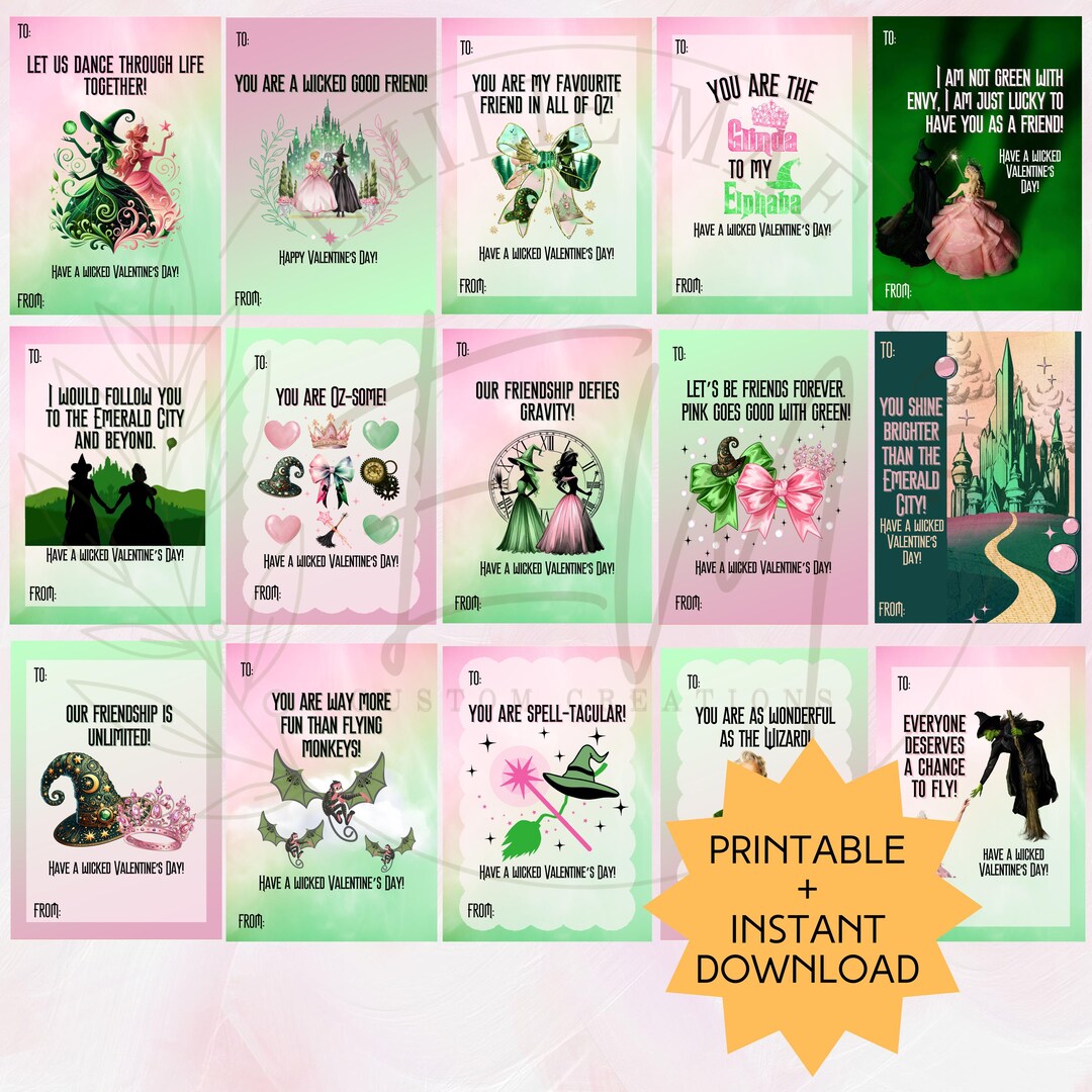 Wicked Inspired Valentine’s Day Cards | Digital Printable Set | Instant ...