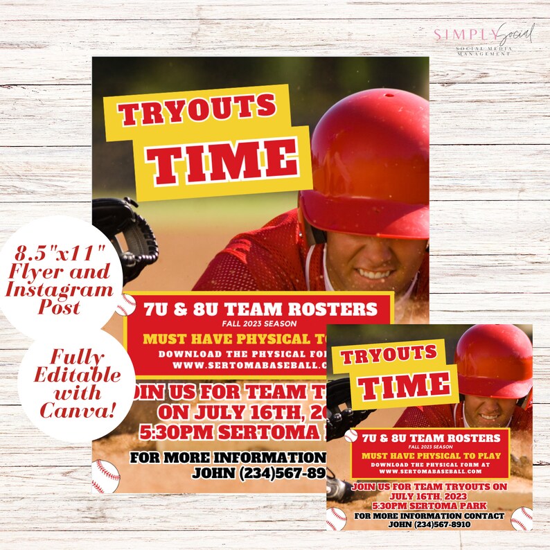 Baseball Tryouts Flyer and Instagram Template, Editable Canva Template ...