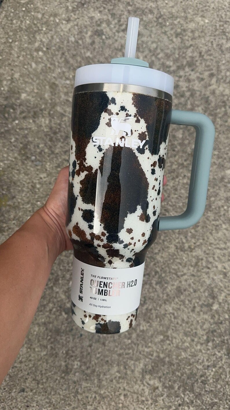 Custom Cow Hide - Authentic Stanley Tumbler - Epoxy Glitter Cow Print ...