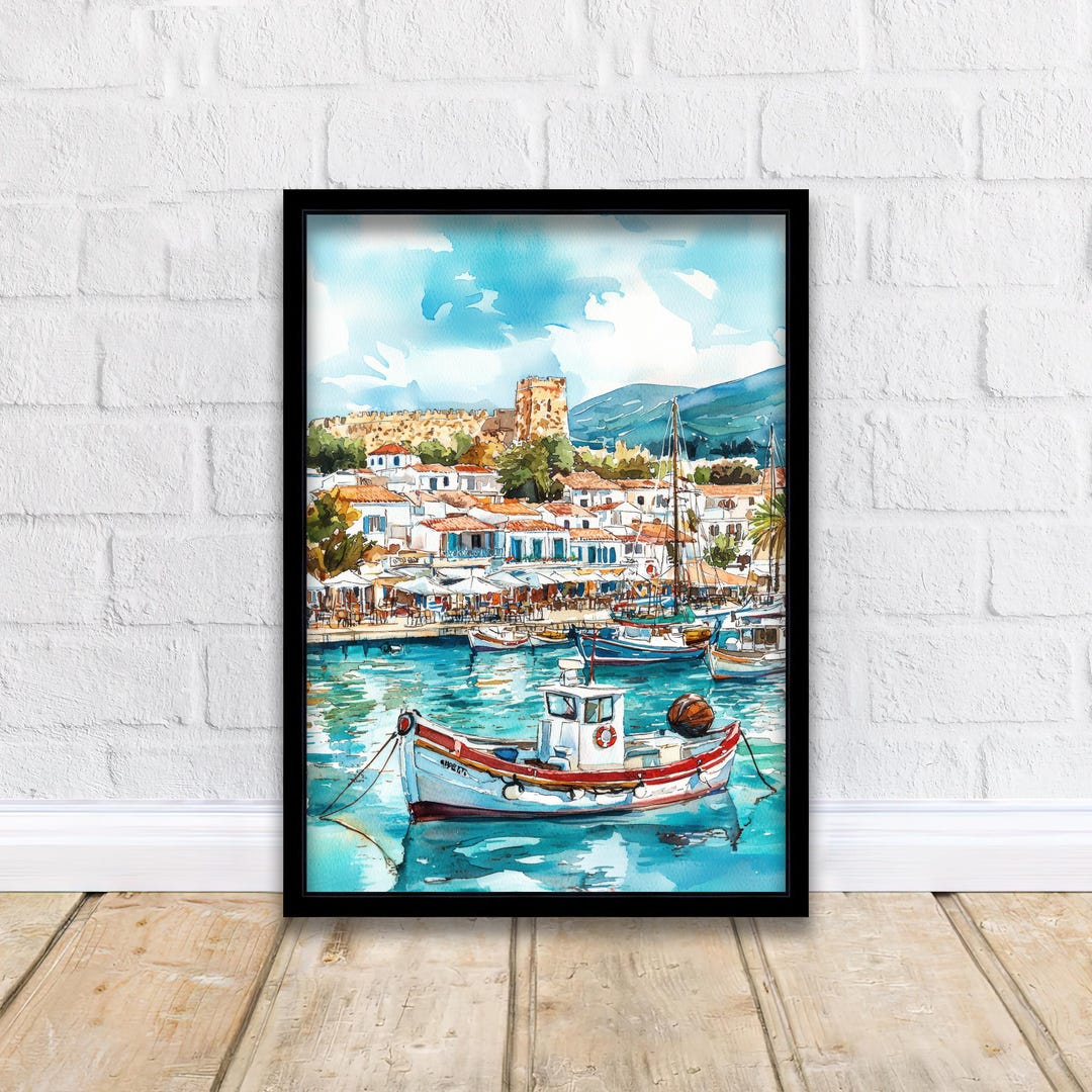 Kos Harbour Watercolor Art Print, Mandraki Port Painting, Greek Island ...