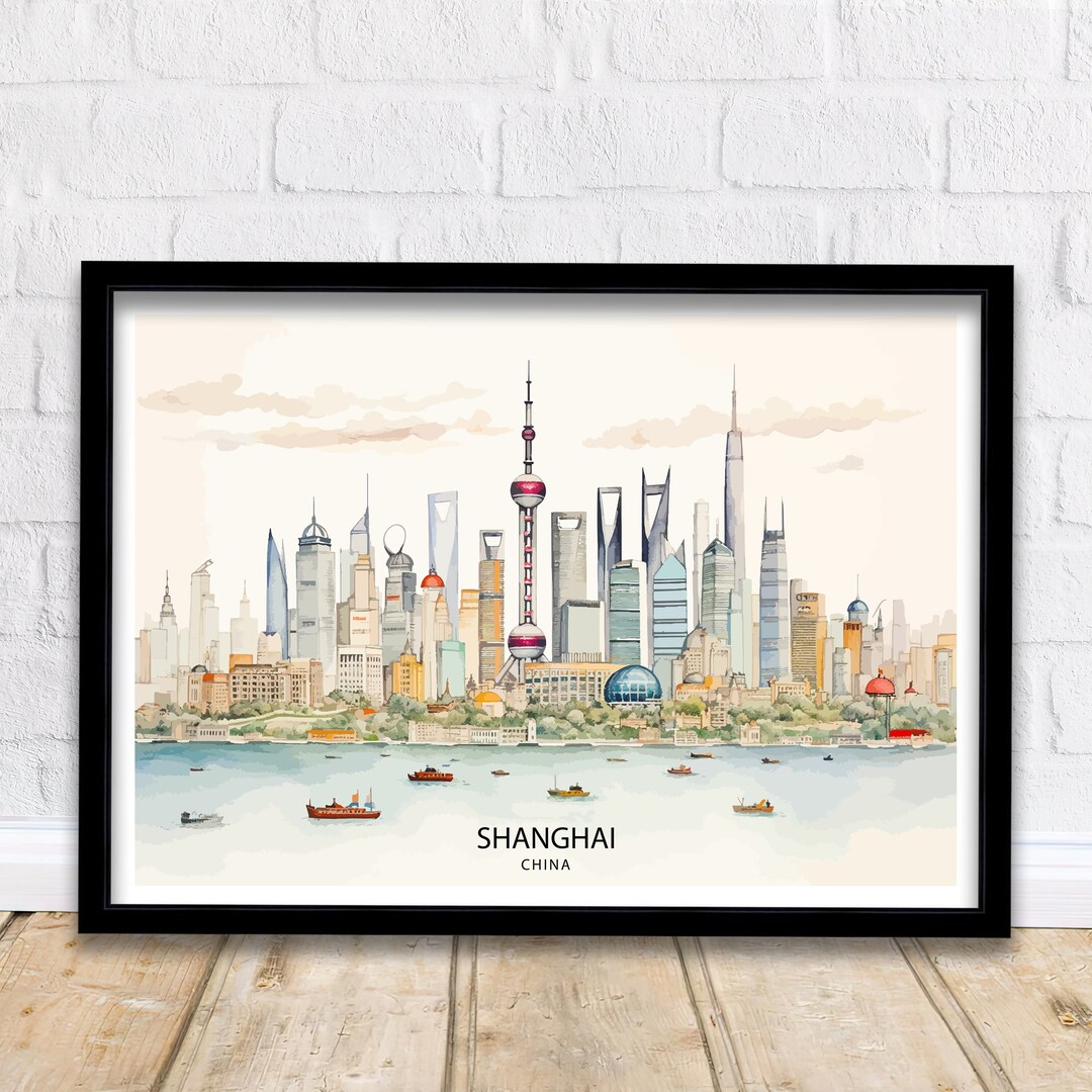 Shanghai Skyline Print Modern Chinese Cityscape Art Shanghai Tower ...