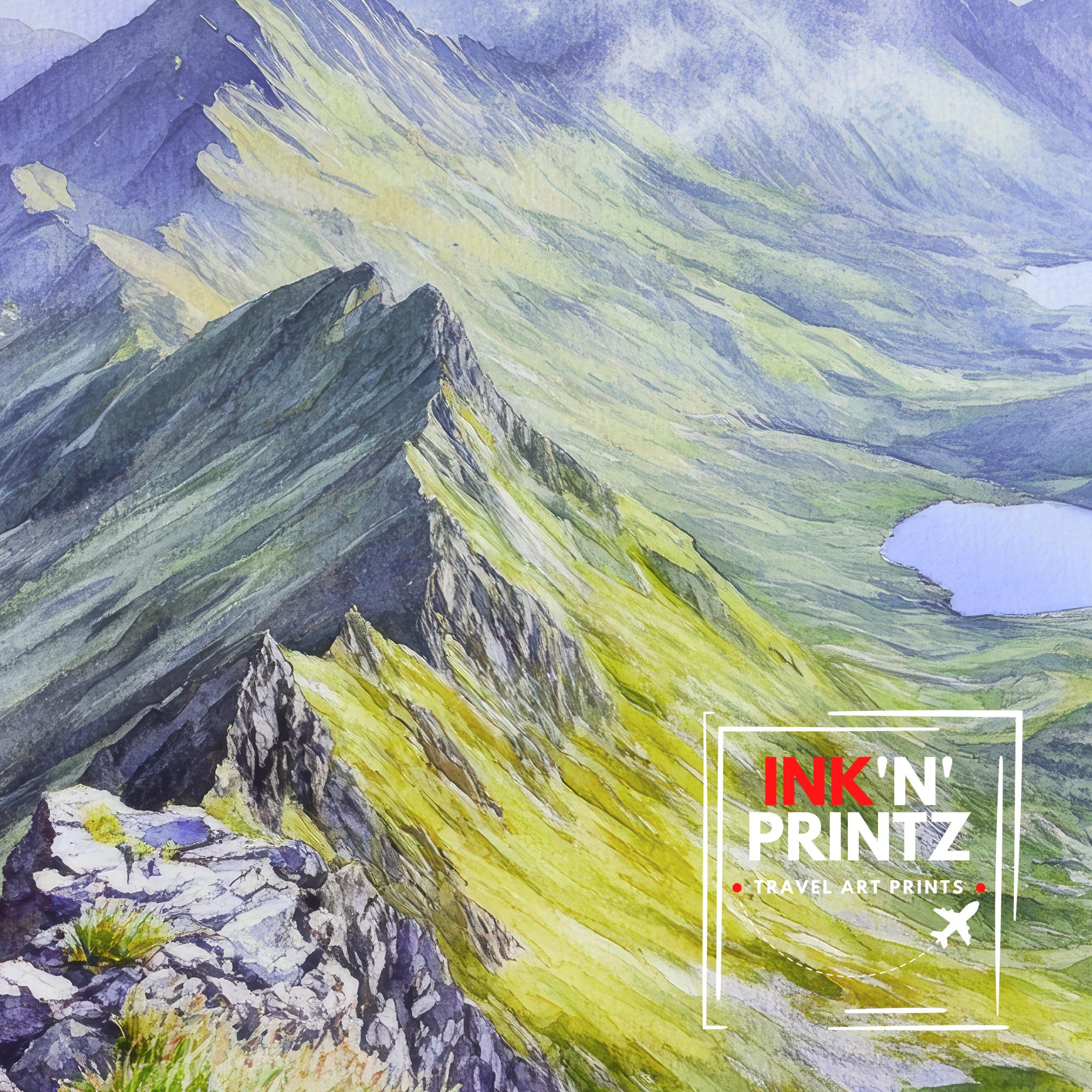 Snowdon Watercolour Painting Poster Wales Wall Art Mountain Landscape ...