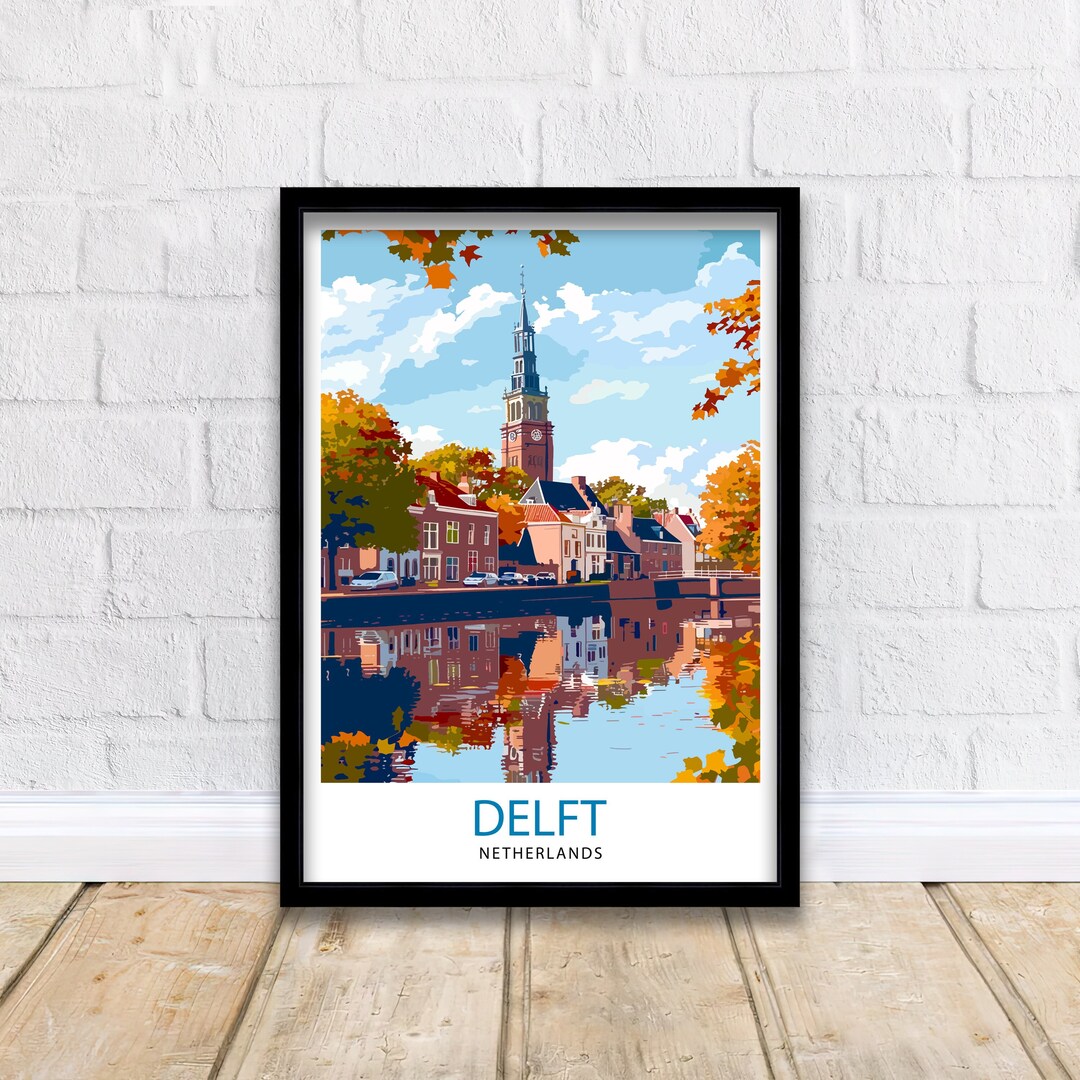 Delft Netherlands Travel Poster Historic City Art Blue Pottery Print ...