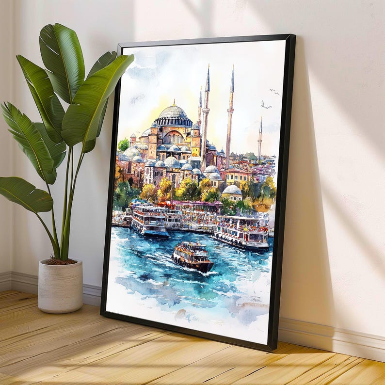 Istanbul Cityscape Watercolor Art Print, Hagia Sophia Painting, Turkey ...