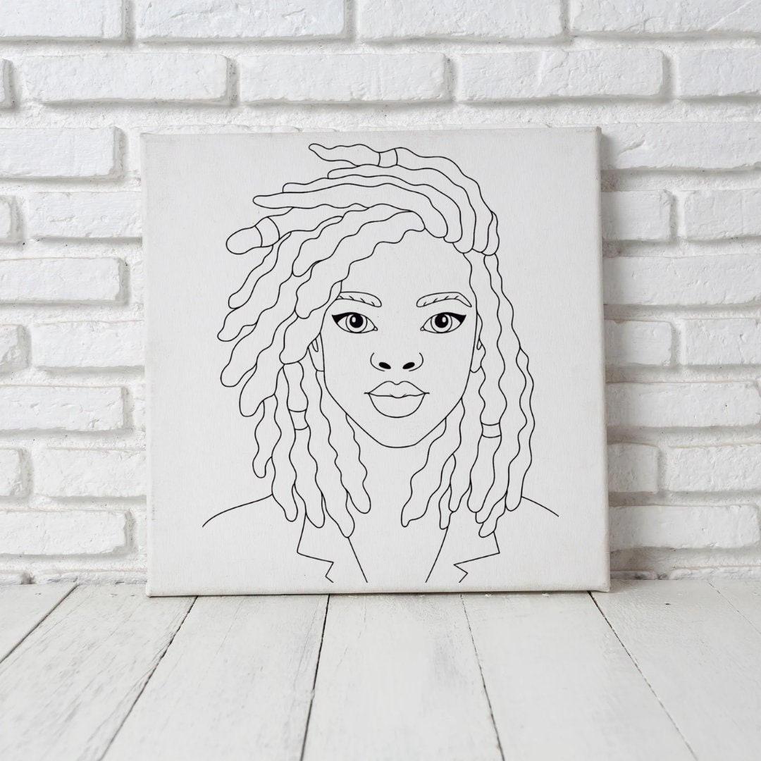 12x12 African Girl Locs Theme Pre Drawn Canvas to Paint, Pre Printed ...