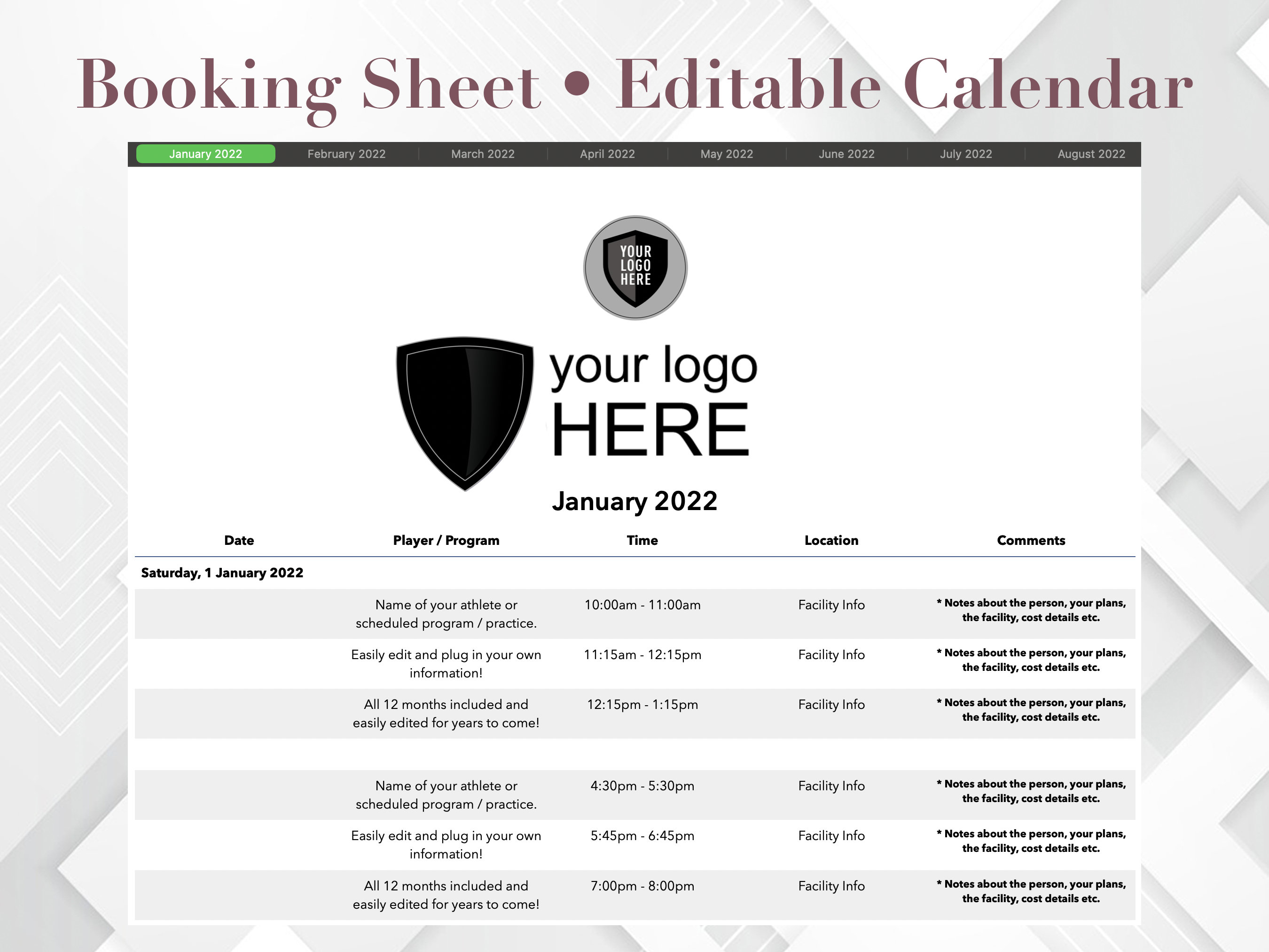 Editable Spreadsheet • Booking Sheet for Trainers and Coaches • planner ...