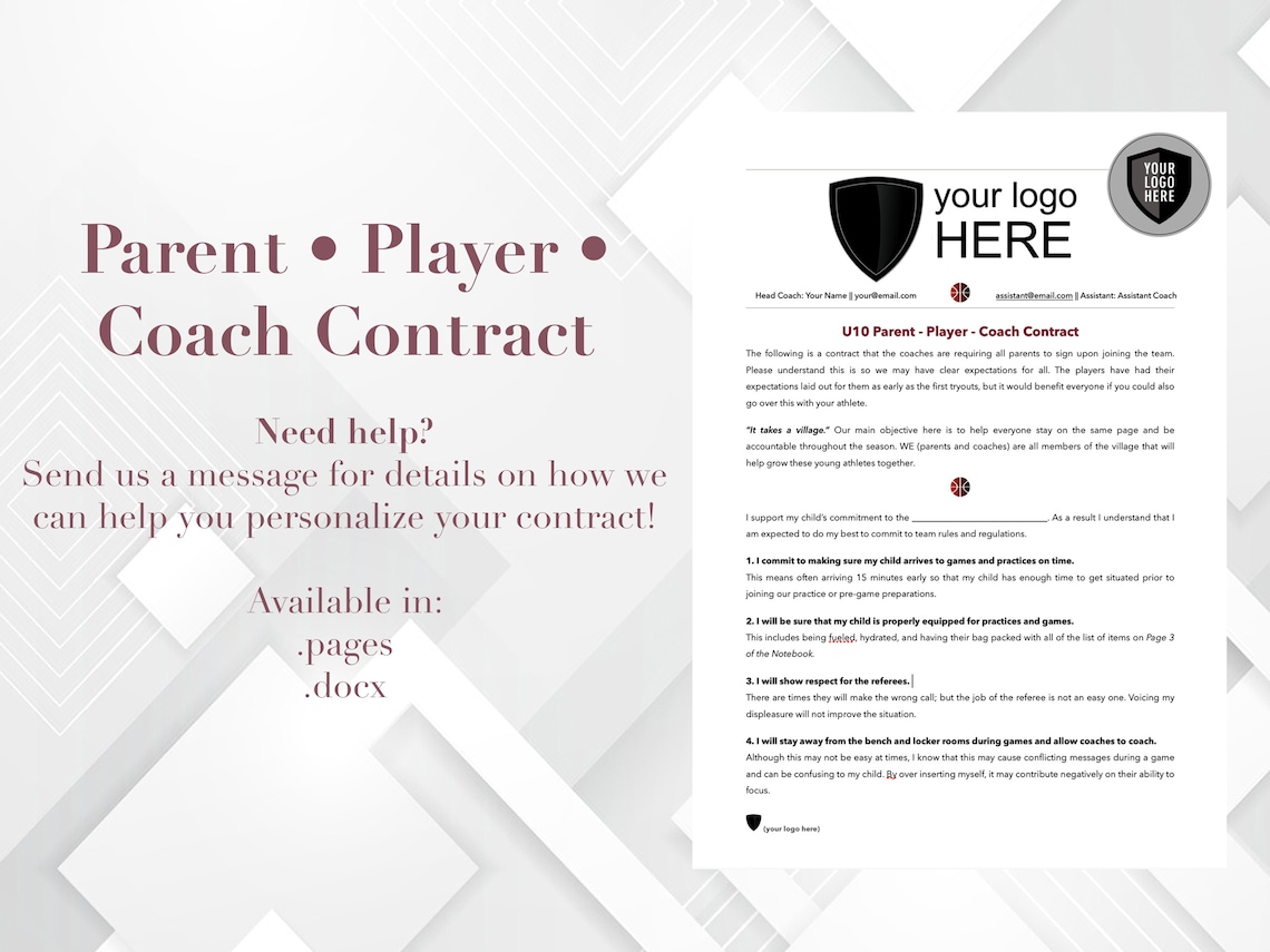 Youth Sports Contract Template: Editable Coach & Parent Agreement - Etsy