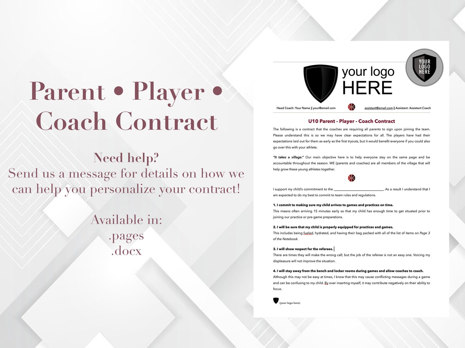 Youth Sports Contract Template: Editable Coach & Parent Agreement - Etsy