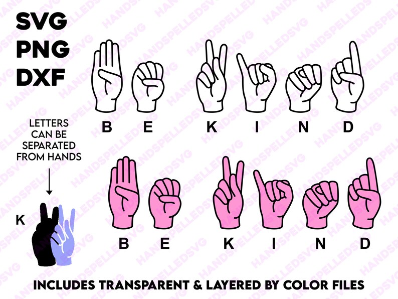 Be Kind American Sign Language Alphabet SVG PNG DXF | Layered by Color ...