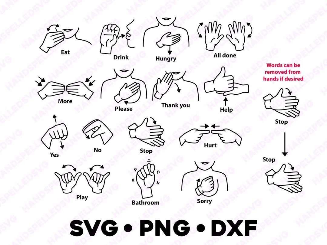 Common Words American Sign Language Asl PNG SVG DXF Bundle Transparent ...
