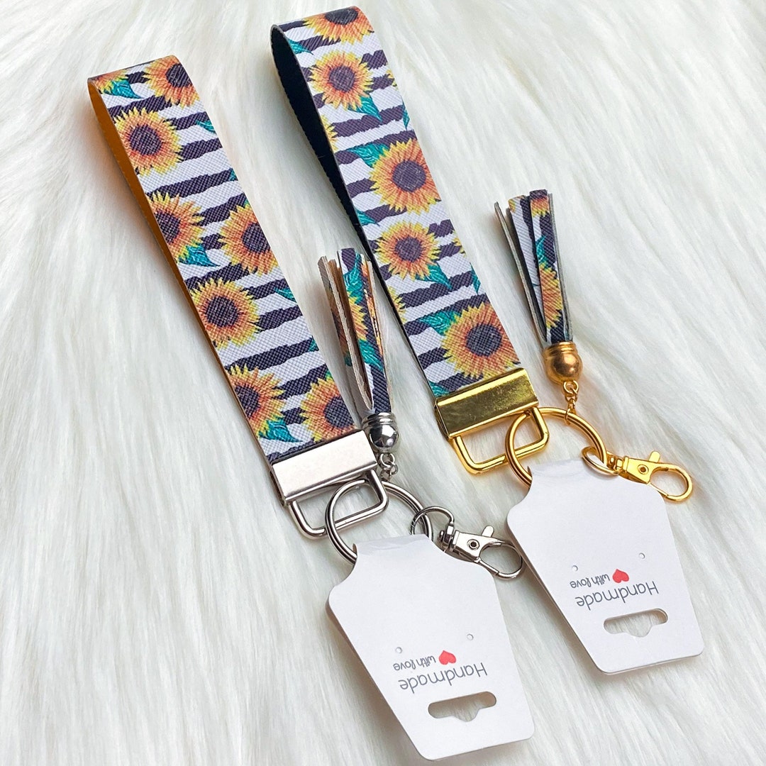 6 Striped Sunflower Faux Leather Wristlet Keychain, Key Fob Wristlet ...