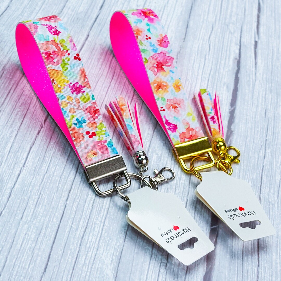 6 Pink and Orange Florals Faux Leather Wristlet Keychain, Key Fob ...