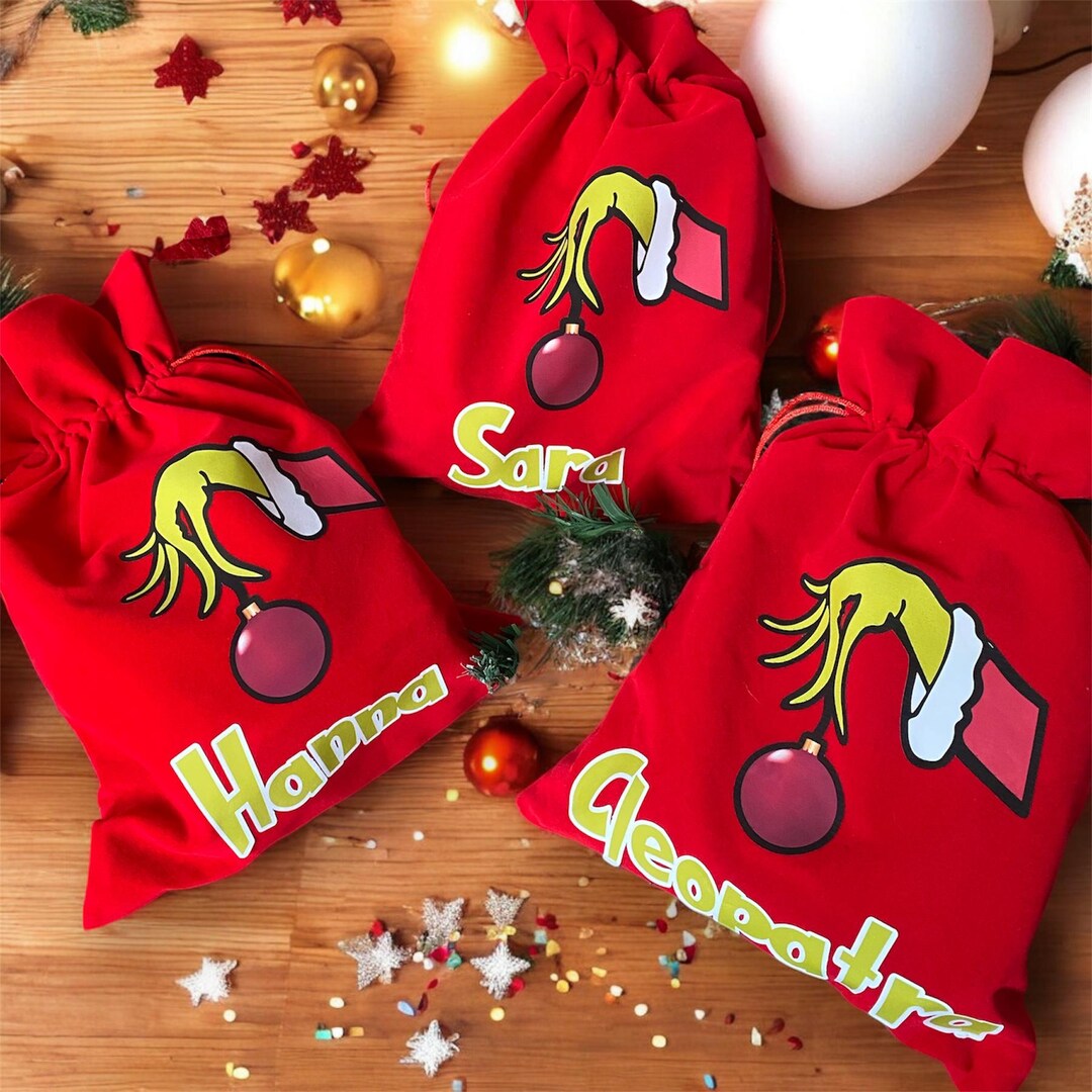 Personalised Christmas Gift Bags Grinch Theme, Mini Red Velvet ...