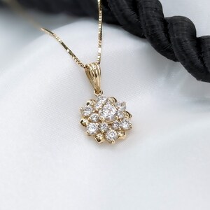 14K Small Gold Flower Pendant Necklace, CZ Diamond Flower Cluster ...