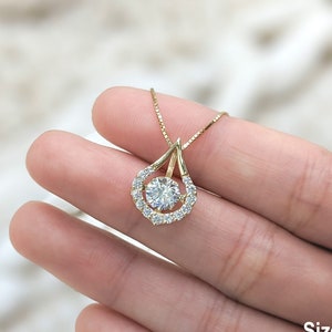 14k Solid Gold Moving Diamond Necklace, CZ, Floating CZ Pavé Diamond ...
