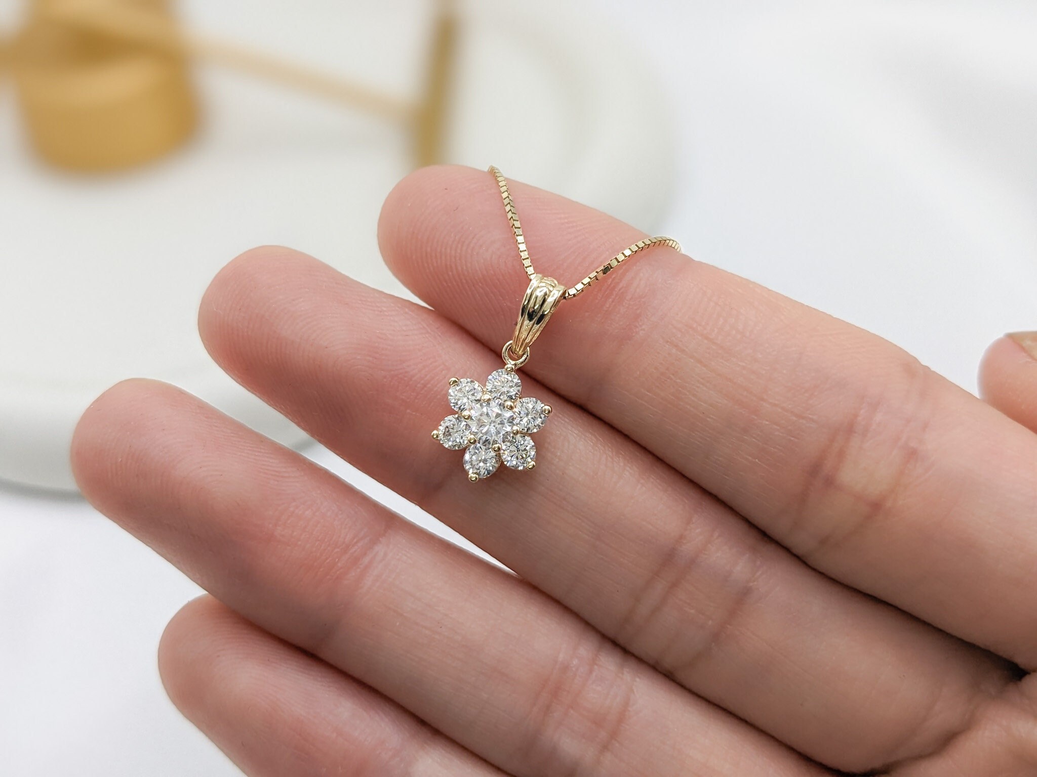 14k Solid Gold Tiny Flower Necklace, Dainty Flower Pendant, Small ...