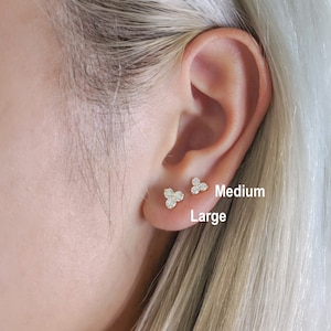 14k Mini 3 Stone Stud Earrings, Solid Gold Tiny Trio CZ Diamond Stud, Dainty Lotus Stud, Small ...