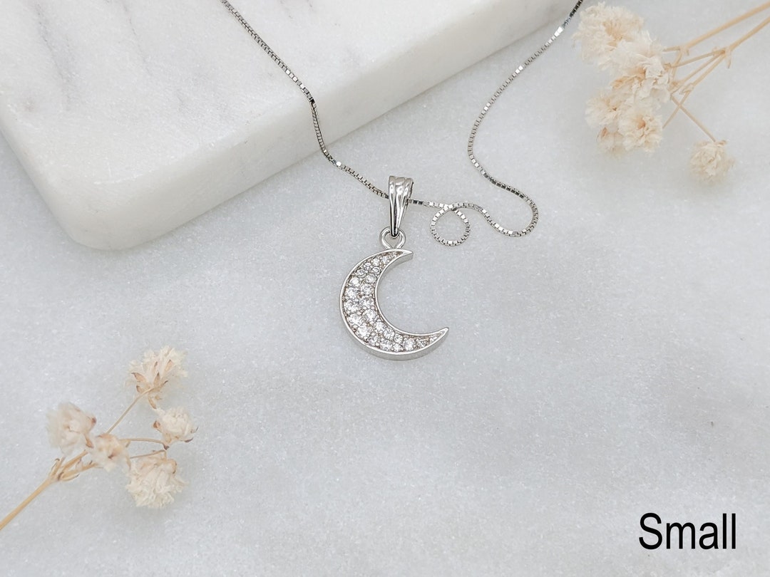 14k Solid Gold Crescent Moon Necklace, Dainty Half Moon Pendant, Mini ...