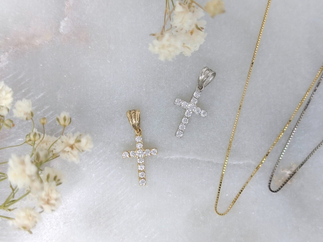 14k Solid Gold Cross Pendant Necklace for Child, Tiny CZ Diamond Cross ...