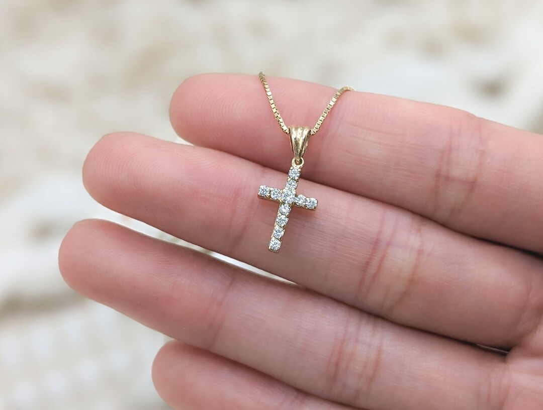 14K Solid Gold Tiny Cross Necklace, Mini Cross Pendant, Dainty Cross ...