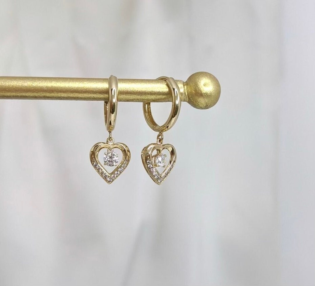 14K Solid Gold Heart Hoop Earrings, Floating Diamond Heart Charm ...