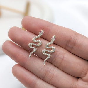 14k Solid Gold Snake Earrings, Edgy Snake Ear Crawler, Bold Pavé ...