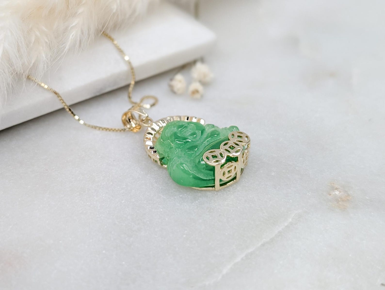 14k Solid Gold Jade Buddha Pendant Necklace, Green Jade, Small Laughing ...