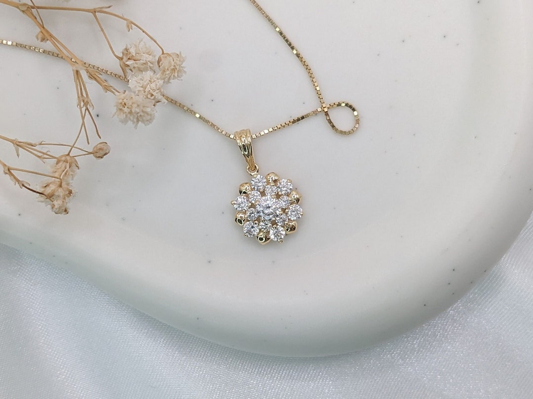 14K Small Gold Flower Pendant Necklace, CZ Diamond Flower Cluster ...