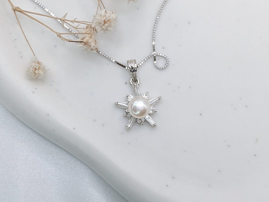 14k Solid Gold Star Necklace, Freshwater Pearl Star Pendant, Dainty ...