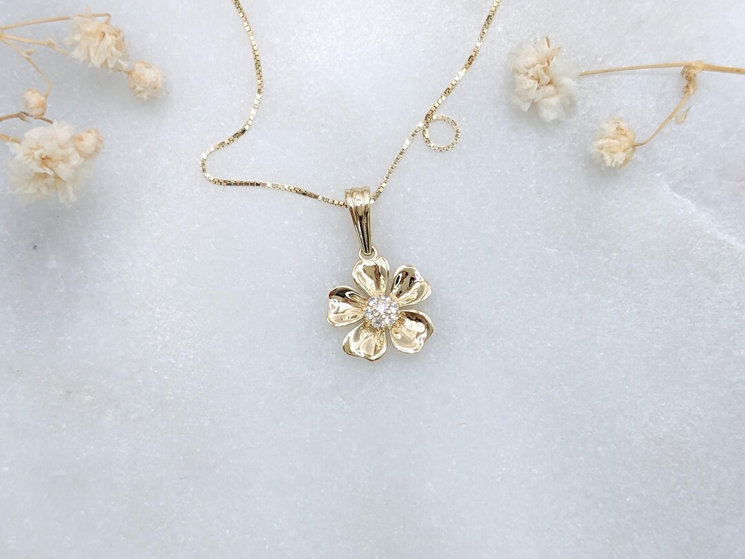 14k Solid Gold Tiny Flower Pendant Necklace, Dainty Flower Pendant ...