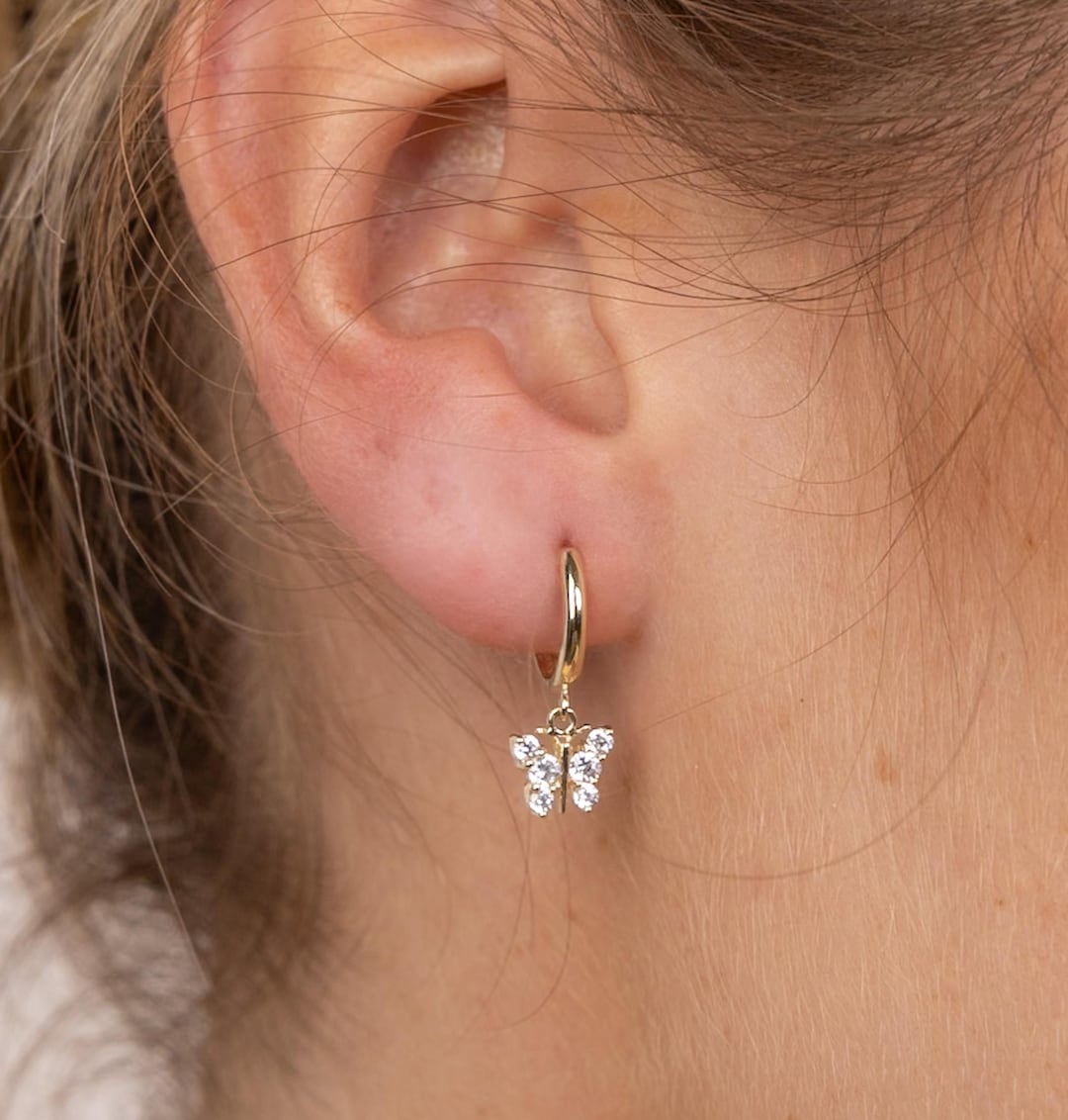 14K Solid Gold Butterfly Hoop Earrings, Dainty Butterfly Charm Dangle ...