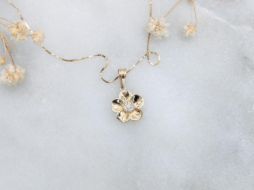 14k Solid Gold Tiny Flower Pendant Necklace, Dainty Flower Pendant ...