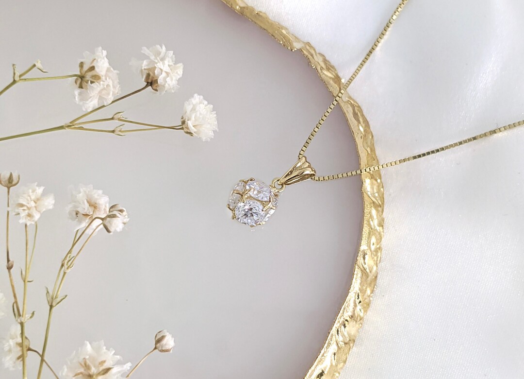 14k Solid Gold Disco Ball Pendant Necklace, Small Pavé Diamond Ball ...