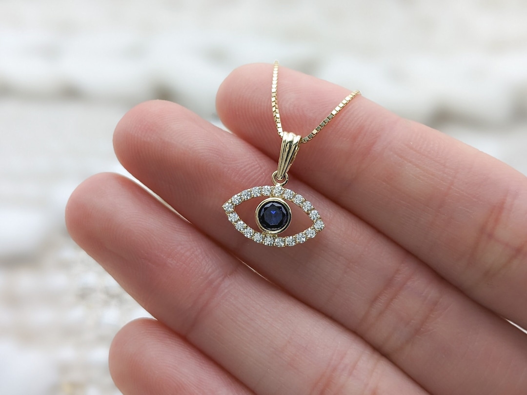 14k Gold Evil Eye Necklace, Mal De Ojo Pendant, Real Solid Gold, Blue ...