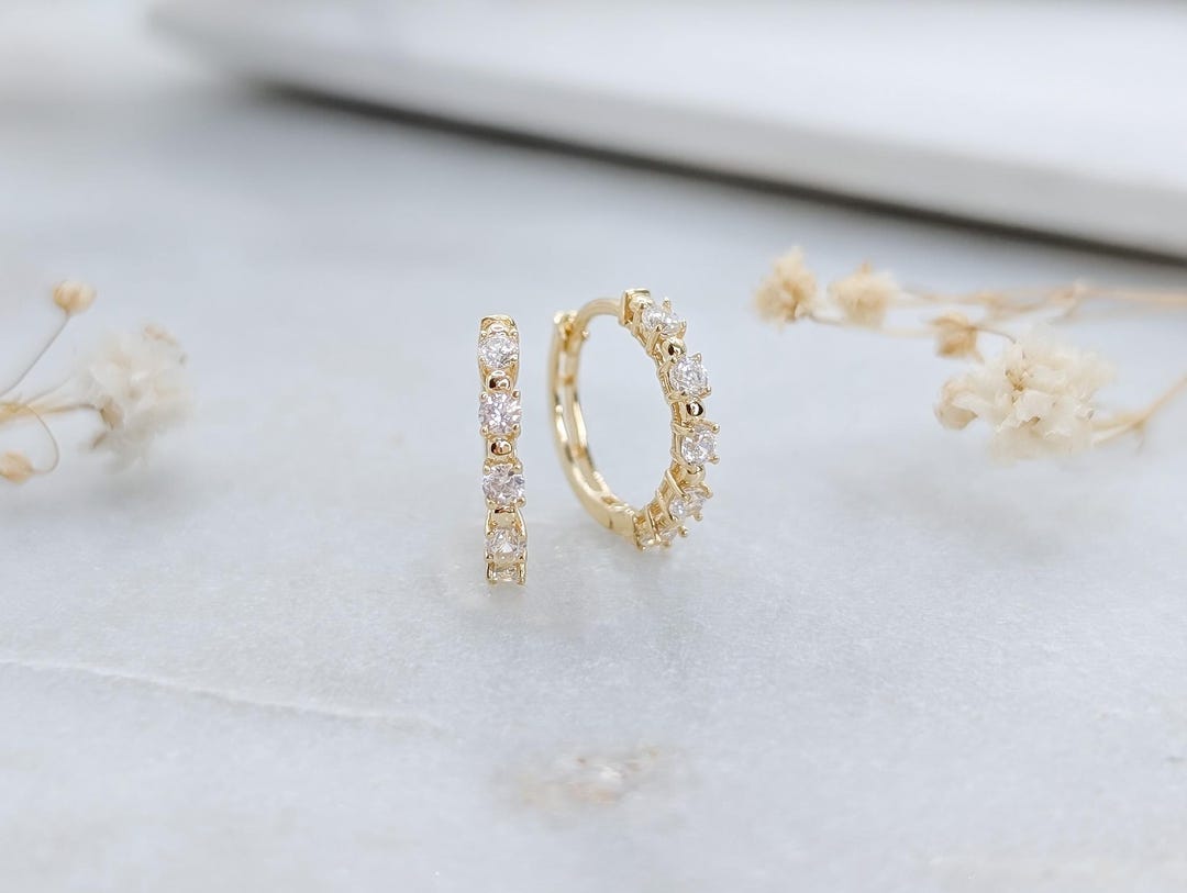 14k Solid Gold Pavé Hoop Earrings, Mini Real Gold Huggies, Small CZ ...