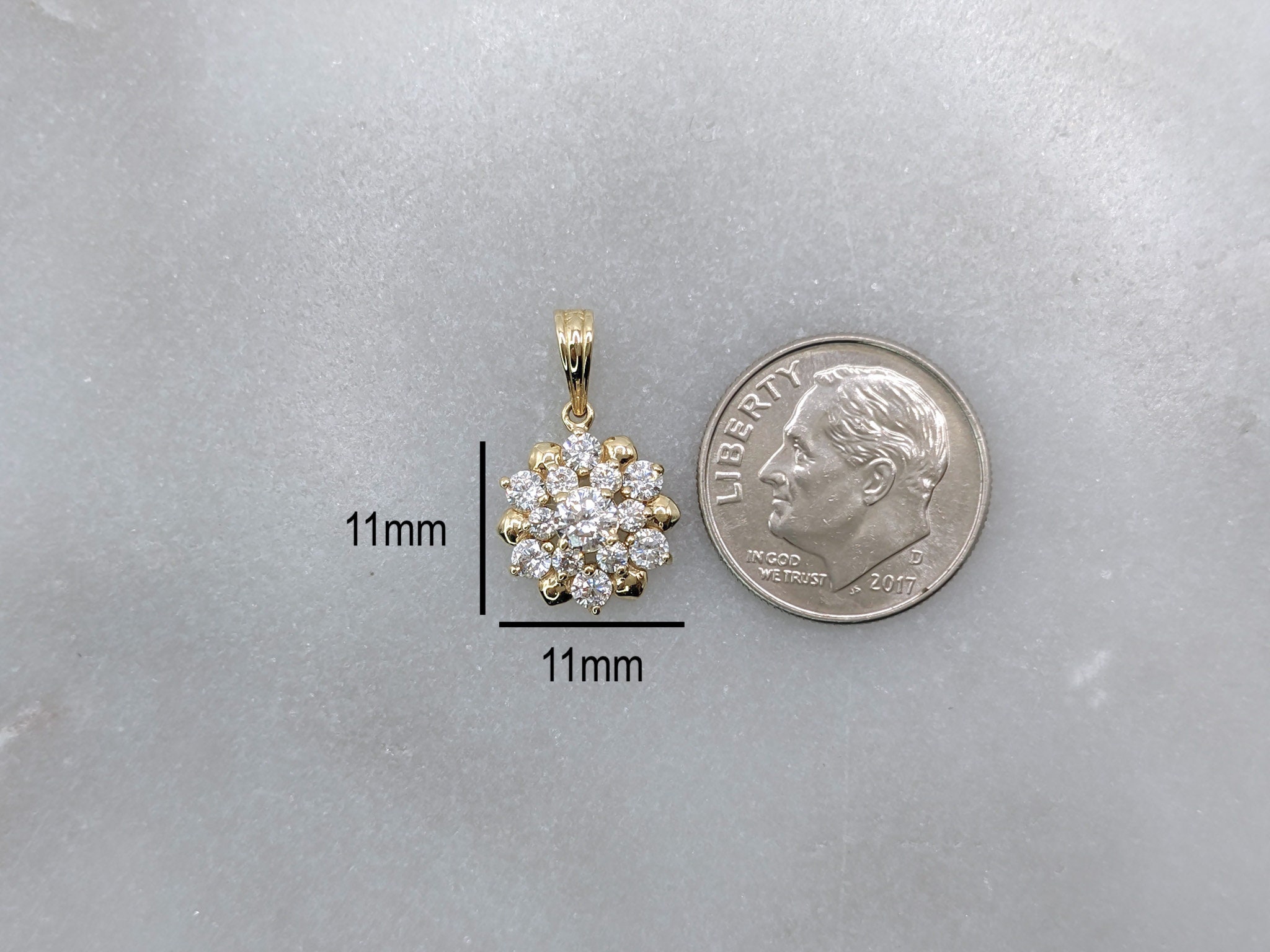 14K Small Gold Flower Pendant Necklace, CZ Diamond Flower Cluster ...