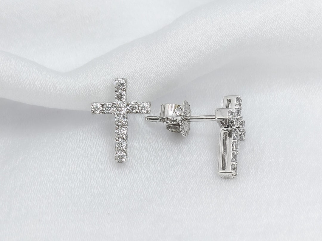 14k Solid Gold Cross Earrings, Dainty Cross Stud Earrings, 14K Gold ...