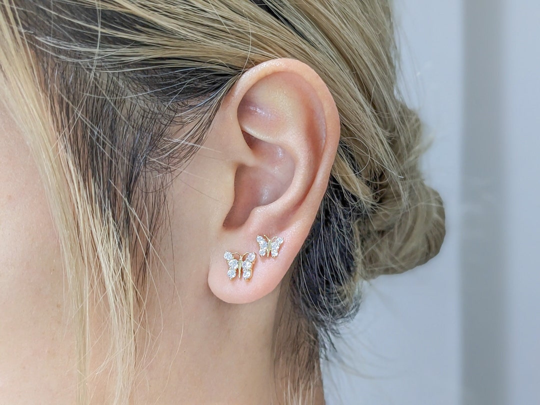 14k Solid Gold Dainty Butterfly Earrings, Small Real Gold Butterfly Studs, CZ Diamond Butterfly ...
