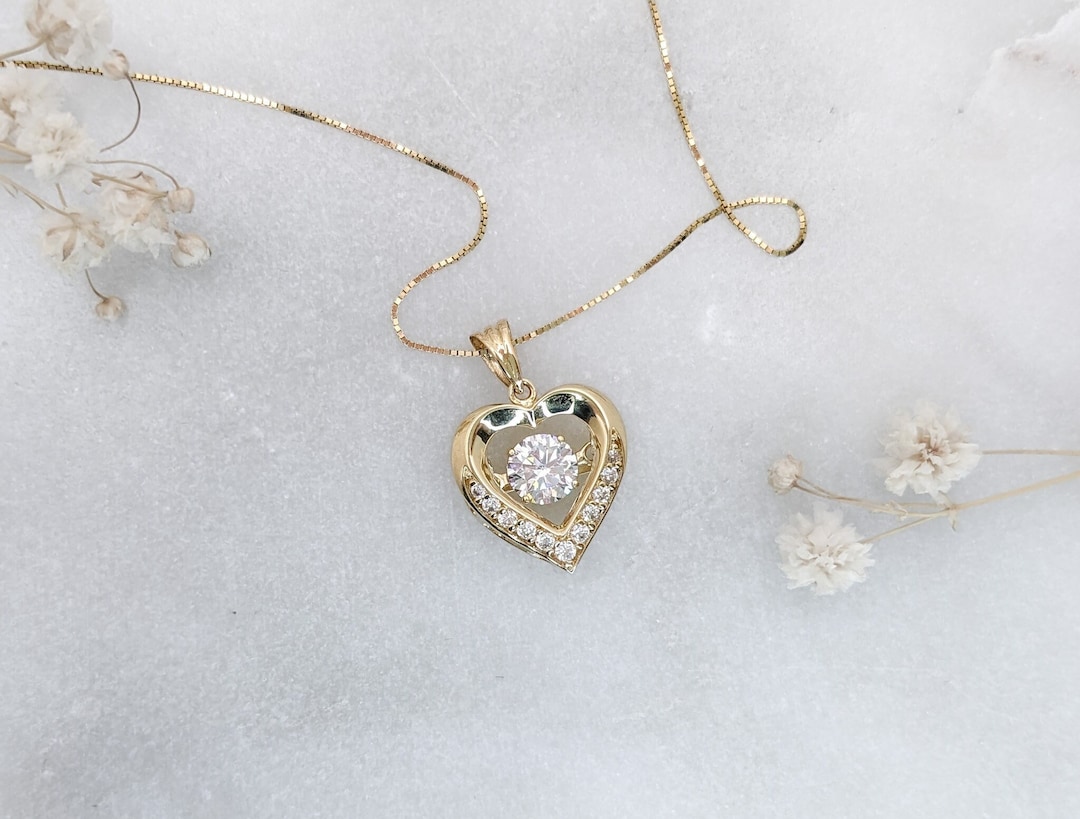 14k Solid Gold Dancing Diamond Heart Necklace, CZ, White Gold, Floating ...