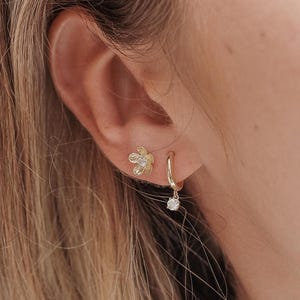 14k Solid Gold Small Flower Stud Earrings, Dainty Minimalist Everyday Earrings, CZ Diamond ...