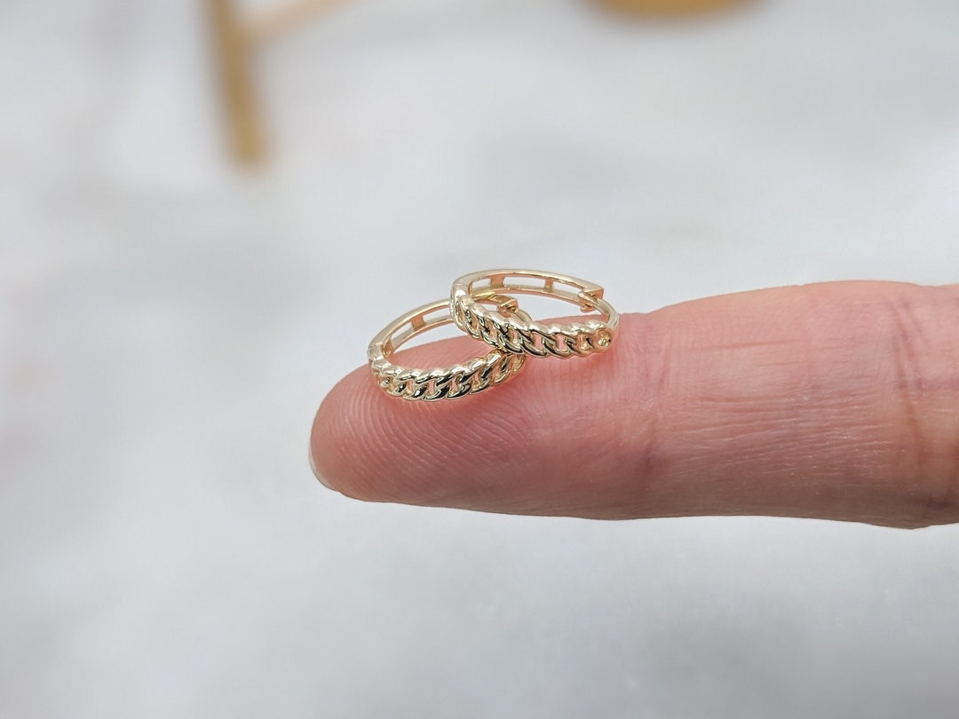 14k Solid Gold Mini Chain Link Hoops, 14k Real Gold Cuban Chain Huggies ...