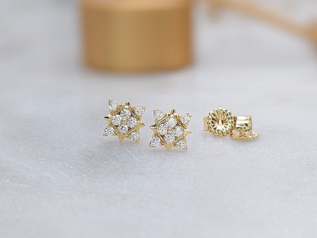 14k Solid Gold Star Earrings, Dainty Celestial Studs, Everyday Minimalist Earrings, Art Deco ...