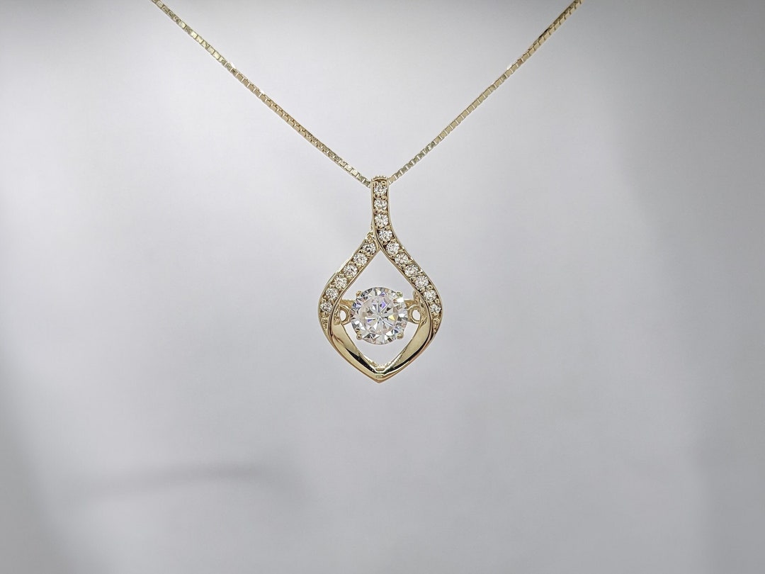 14k White Gold Dancing Diamond Necklace, CZ Floating Diamond Tear Drop ...