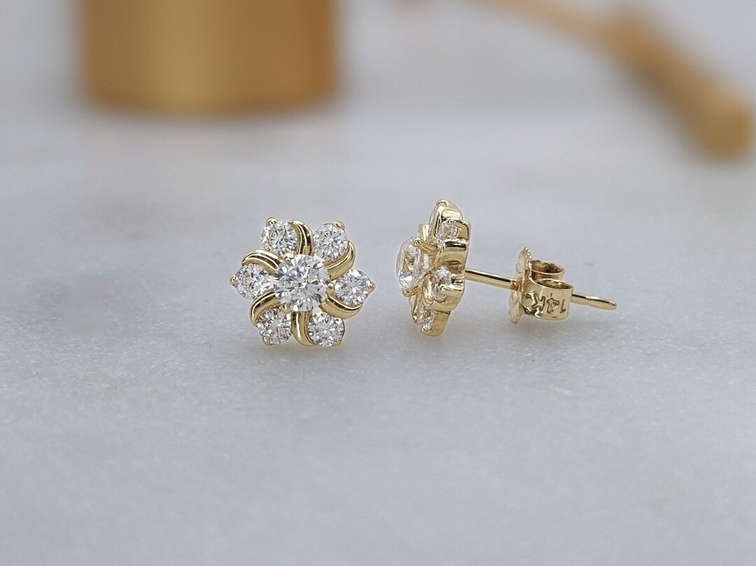 14k Solid Gold Spiral Flower Earrings, Tiny Flower Studs, Small CZ ...