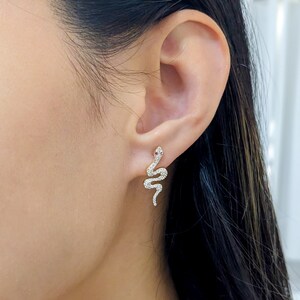 14k Solid Gold Snake Earrings, Edgy Snake Ear Crawler, Bold Pavé Diamond Snake Studs, CZ ...