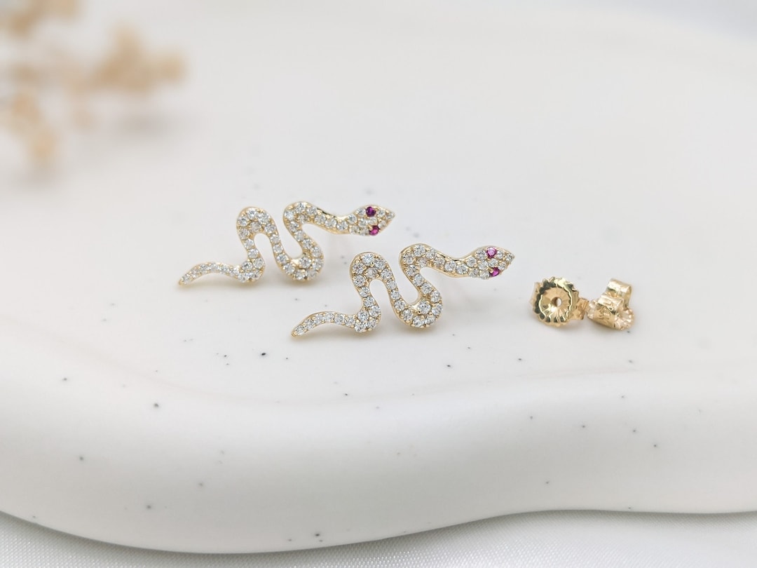 14k Solid Gold Snake Earrings, Edgy Snake Ear Crawler, Bold Pavé Diamond Snake Studs, Year of ...