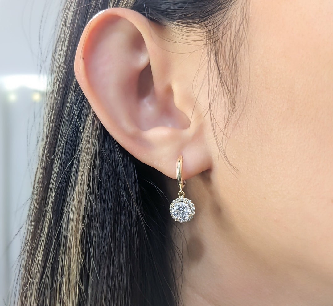 14K Solid Gold Halo Hoop Earrings, Elegant Dangle Huggies, Dainty CZ ...